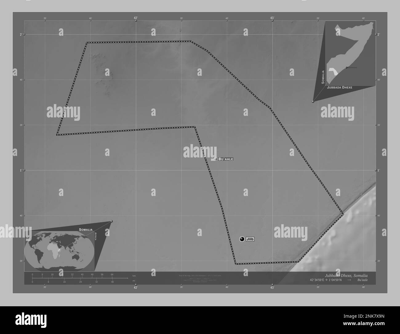 Jubbada Dhexe, region of Somalia. Grayscale elevation map with lakes ...