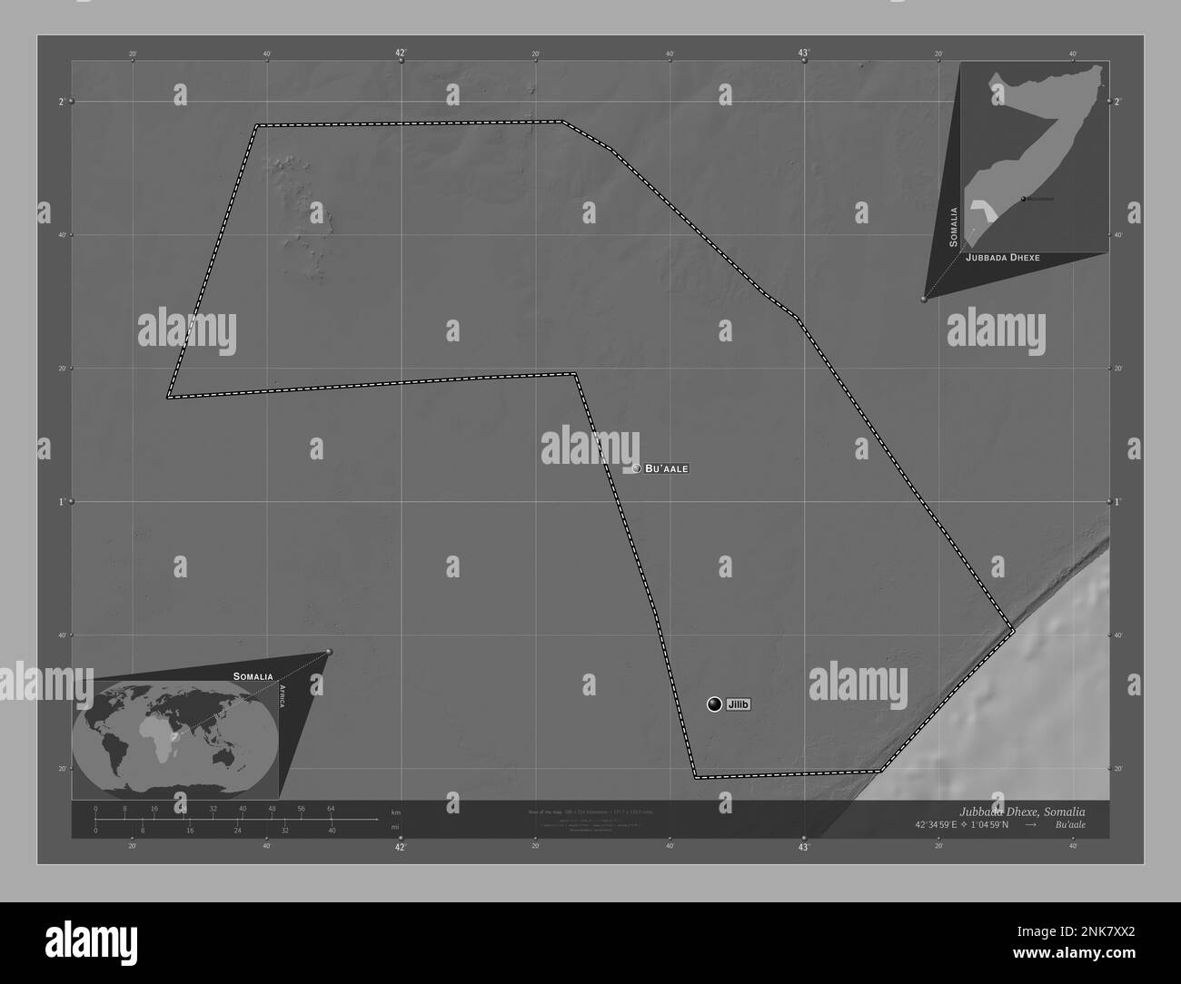 Jubbada Dhexe, region of Somalia. Bilevel elevation map with lakes and ...