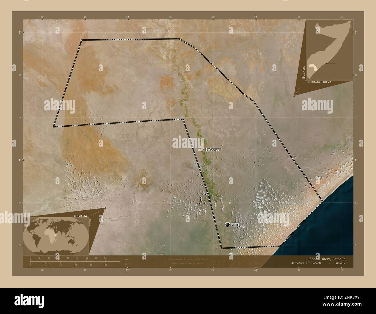 Jubbada Dhexe, region of Somalia. Low resolution satellite map ...