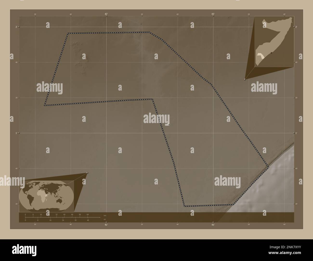 Jubbada Dhexe, region of Somalia. Elevation map colored in sepia tones ...