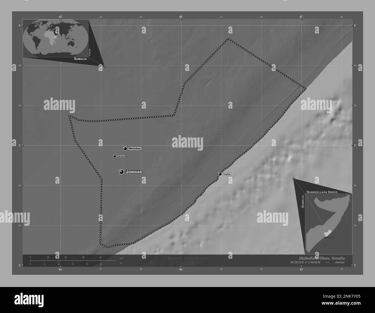 Shabeellaha Dhexe, region of Somalia. Bilevel elevation map with lakes ...