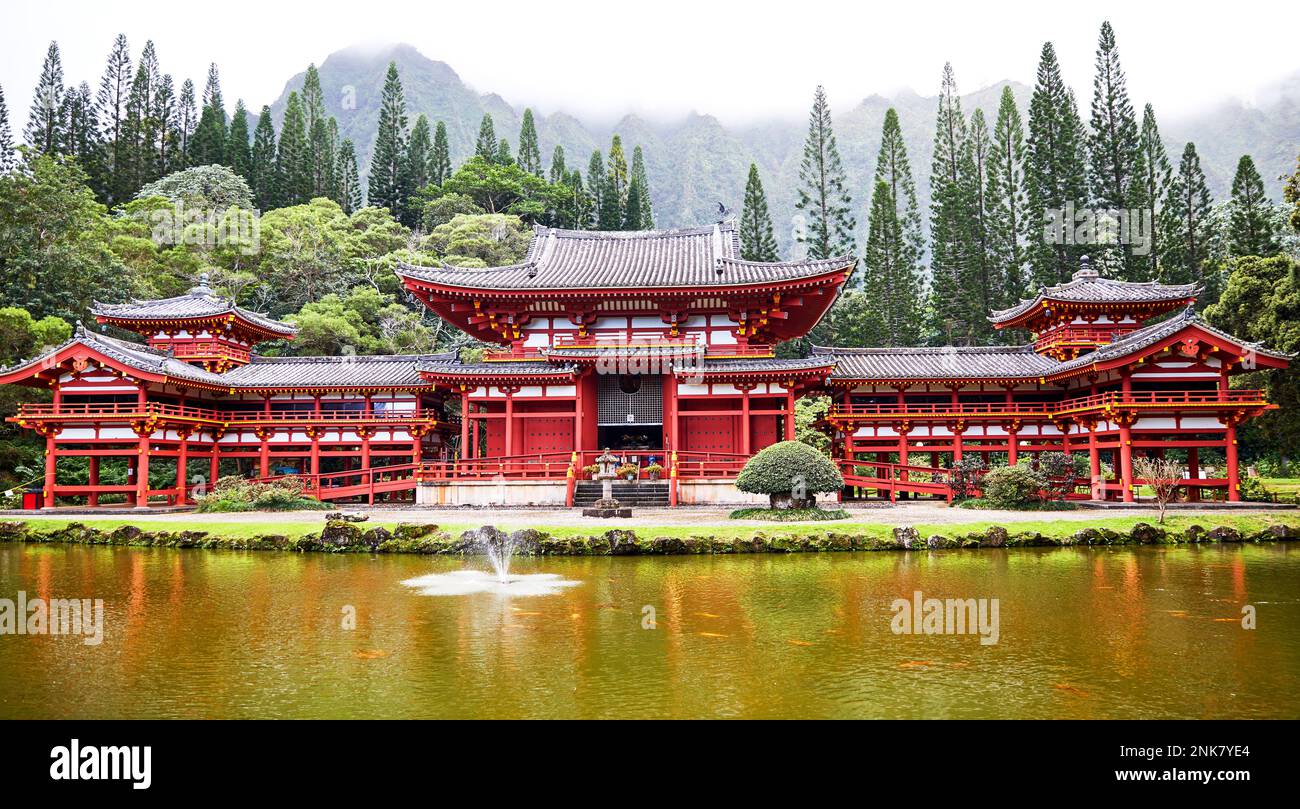 Kahaluu, Oahu, Hawaii, USA - February 7, 2023: Byodo-In Temple, a non ...