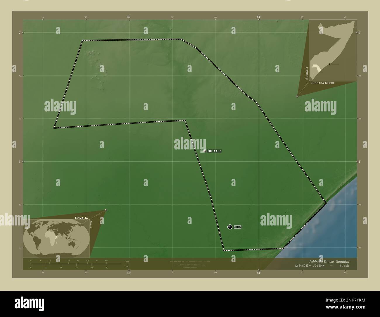 Jubbada Dhexe, region of Somalia. Elevation map colored in wiki style ...