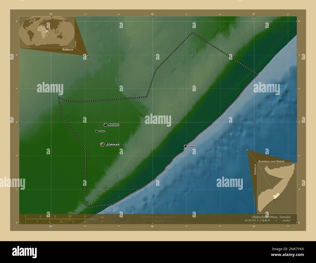 Shabeellaha Dhexe, region of Somalia. Colored elevation map with lakes ...