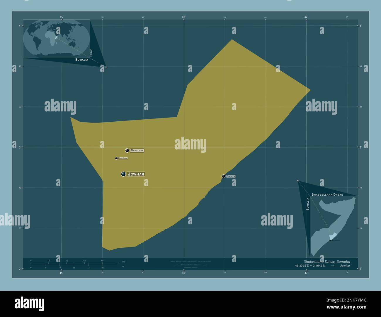 Shabeellaha Dhexe, region of Somalia. Solid color shape. Locations and ...