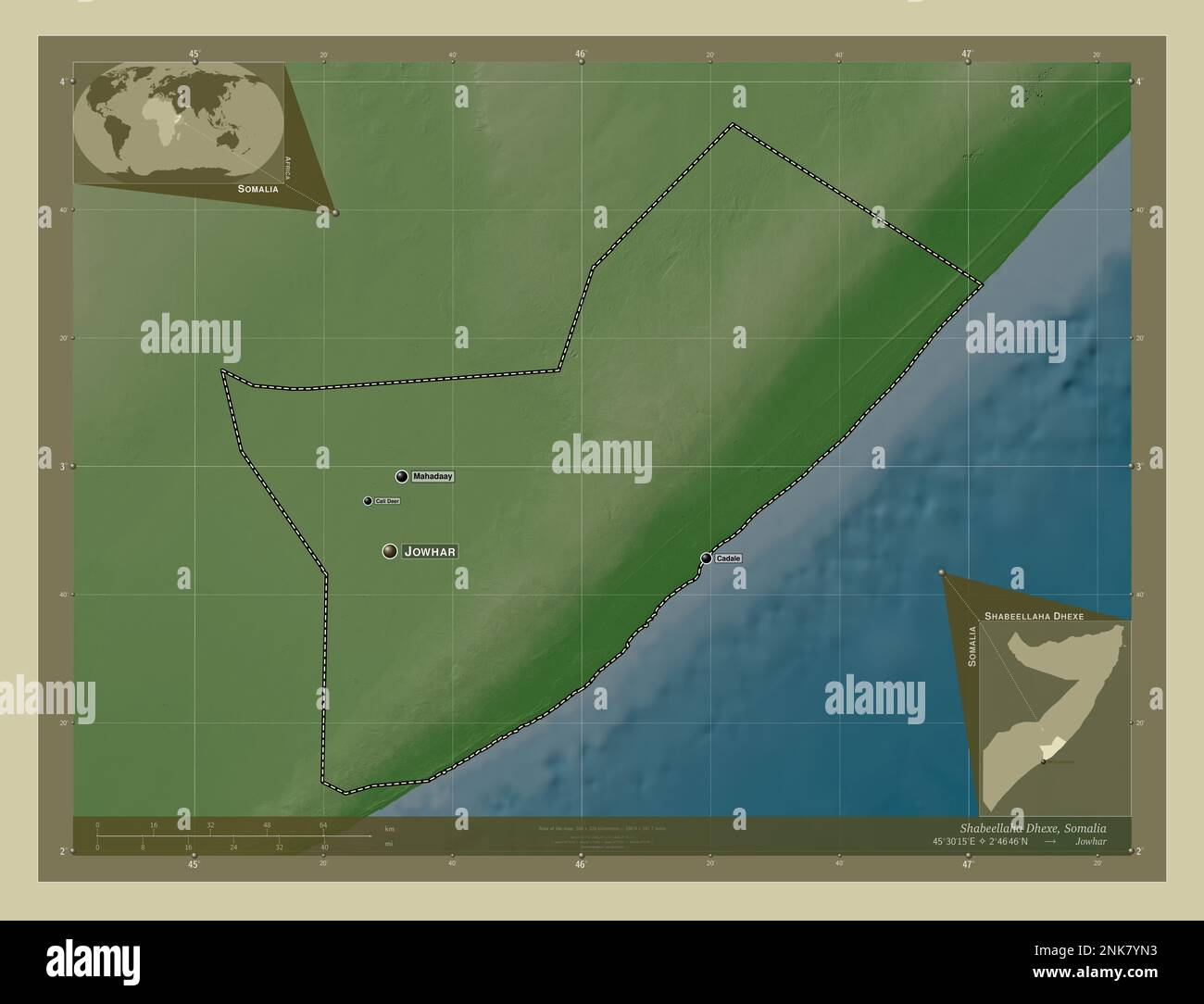 Shabeellaha Dhexe, region of Somalia. Elevation map colored in wiki ...