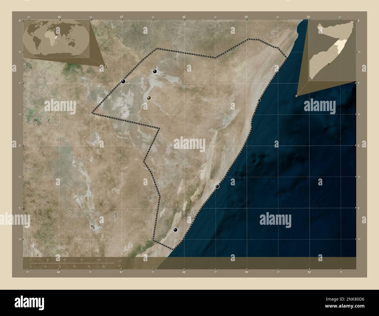 Mudug, region of Somalia. High resolution satellite map. Locations of ...