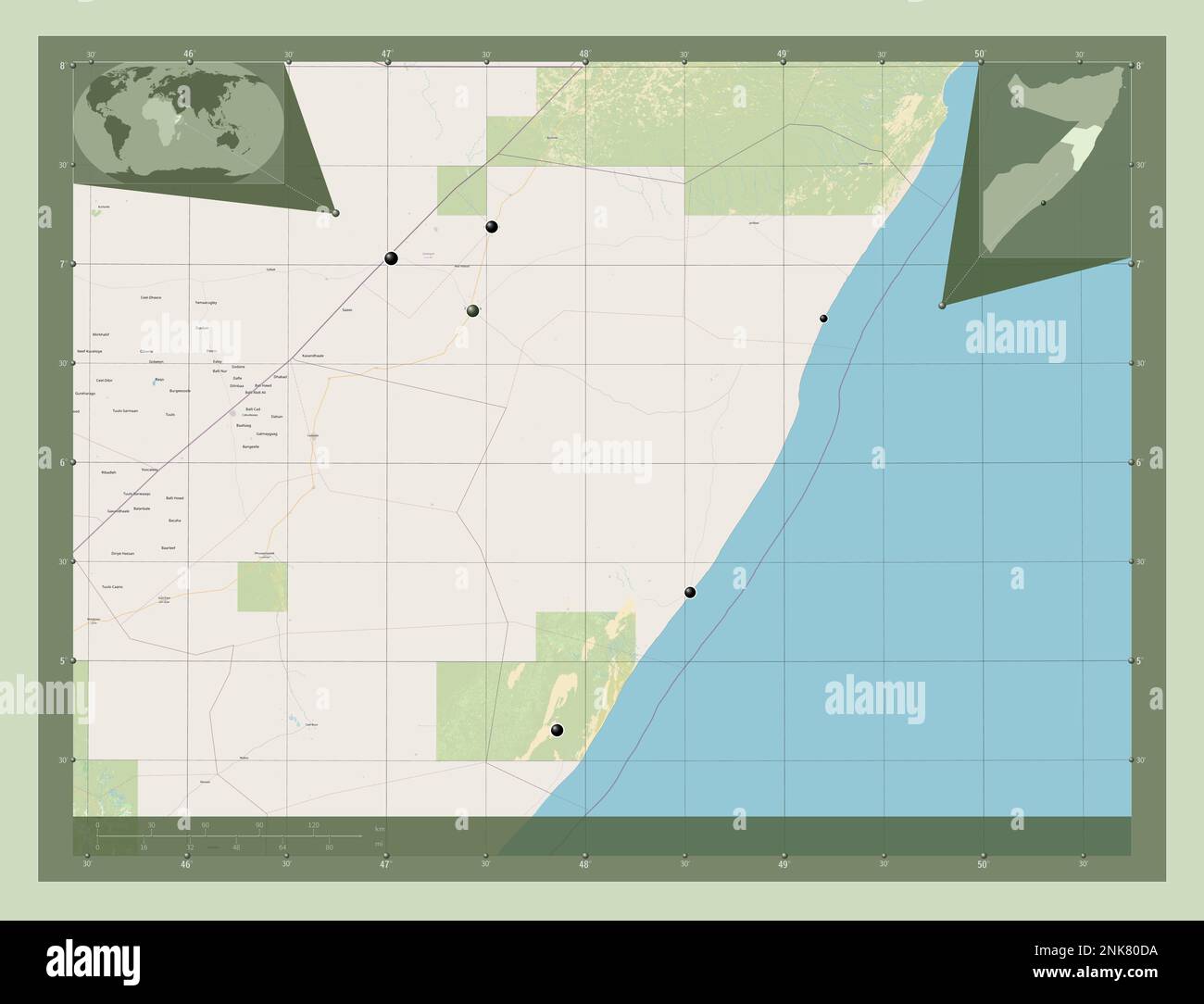 Mudug, region of Somalia. Open Street Map. Locations of major cities of ...