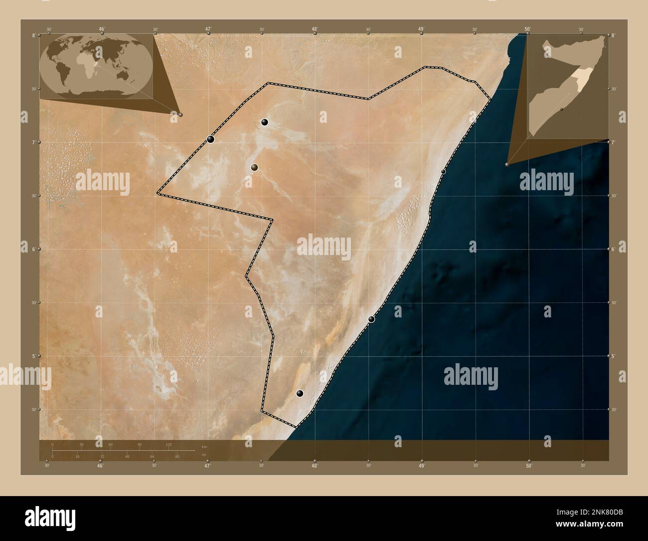 Mudug, region of Somalia. Low resolution satellite map. Locations of ...