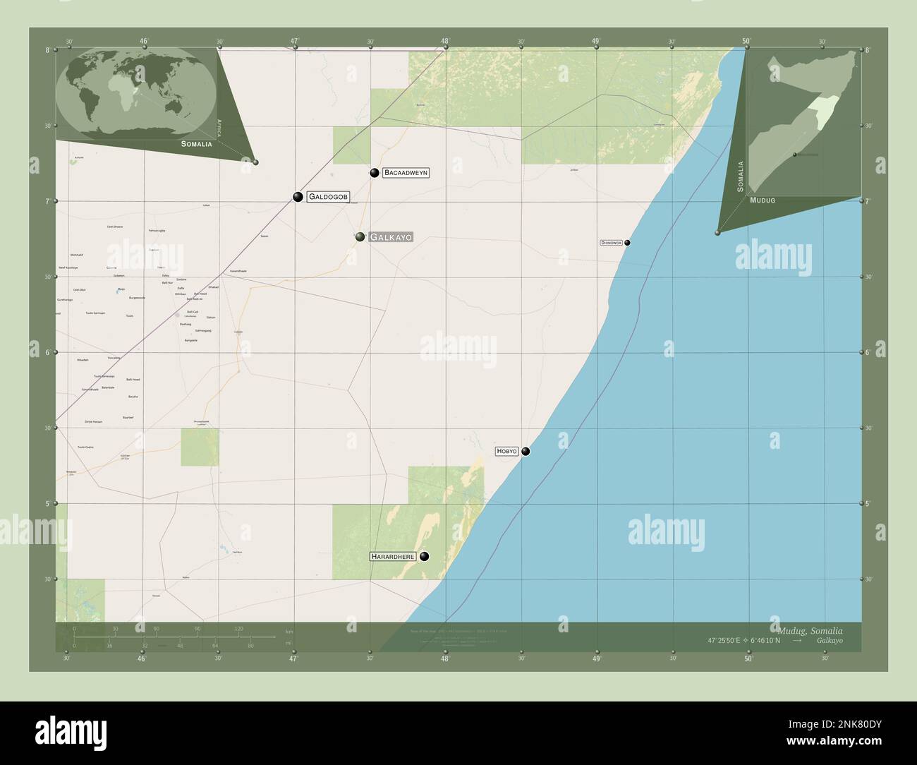 Mudug, region of Somalia. Open Street Map. Locations and names of major cities of the region ...