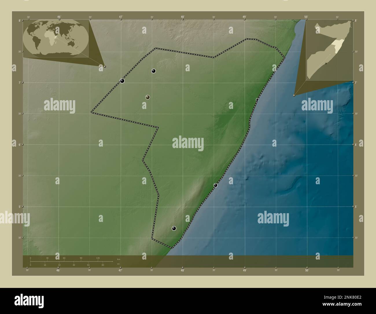 Mudug, region of Somalia. Elevation map colored in wiki style with ...