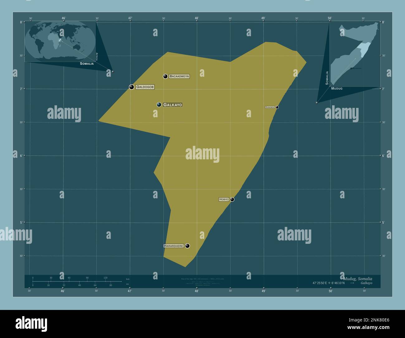 Mudug, region of Somalia. Solid color shape. Locations and names of major cities of the region ...
