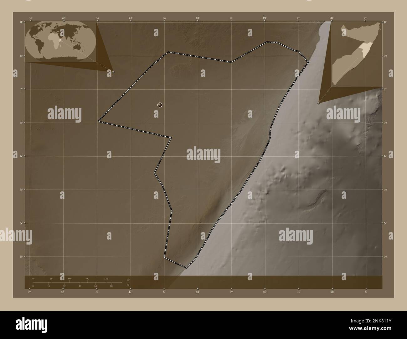 Mudug, region of Somalia. Elevation map colored in sepia tones with ...