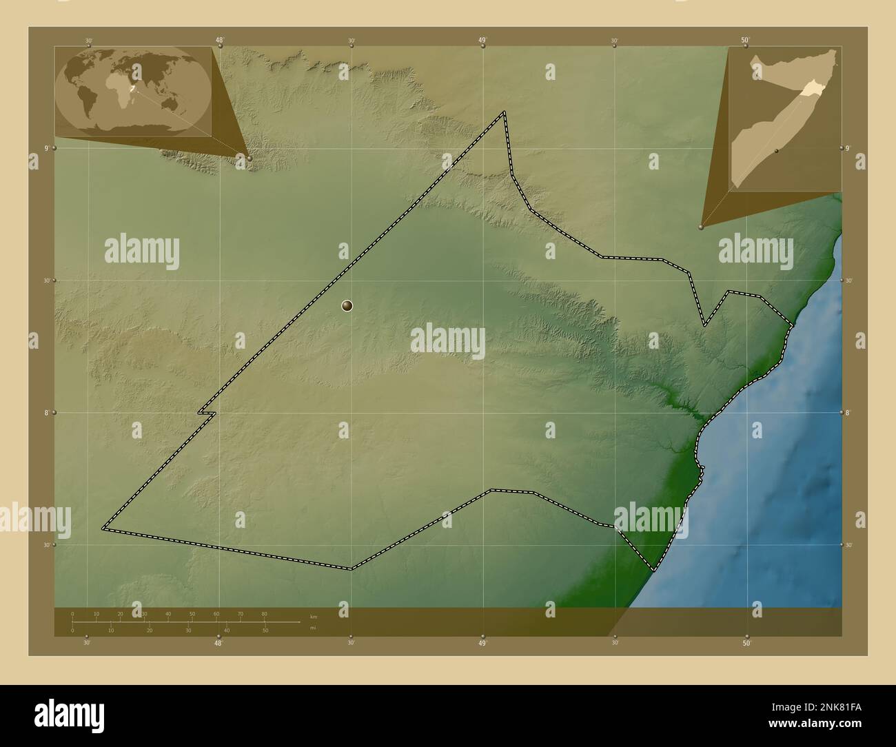 Nugaal, region of Somalia. Colored elevation map with lakes and rivers ...