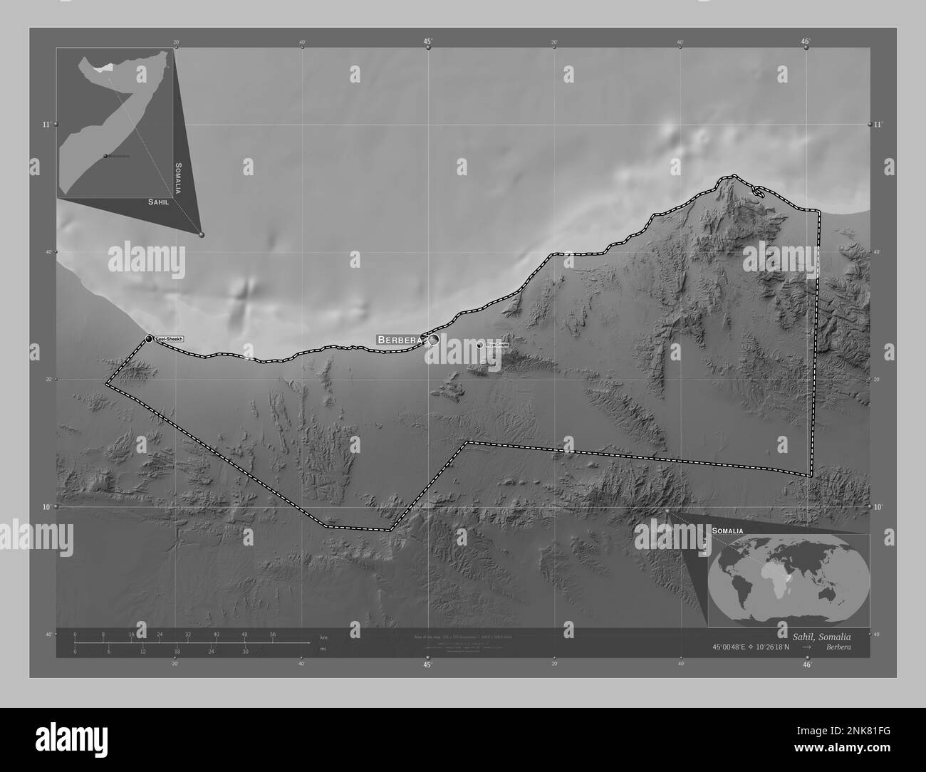 Sahil, region of Somalia. Grayscale elevation map with lakes and rivers. Locations and names of ...