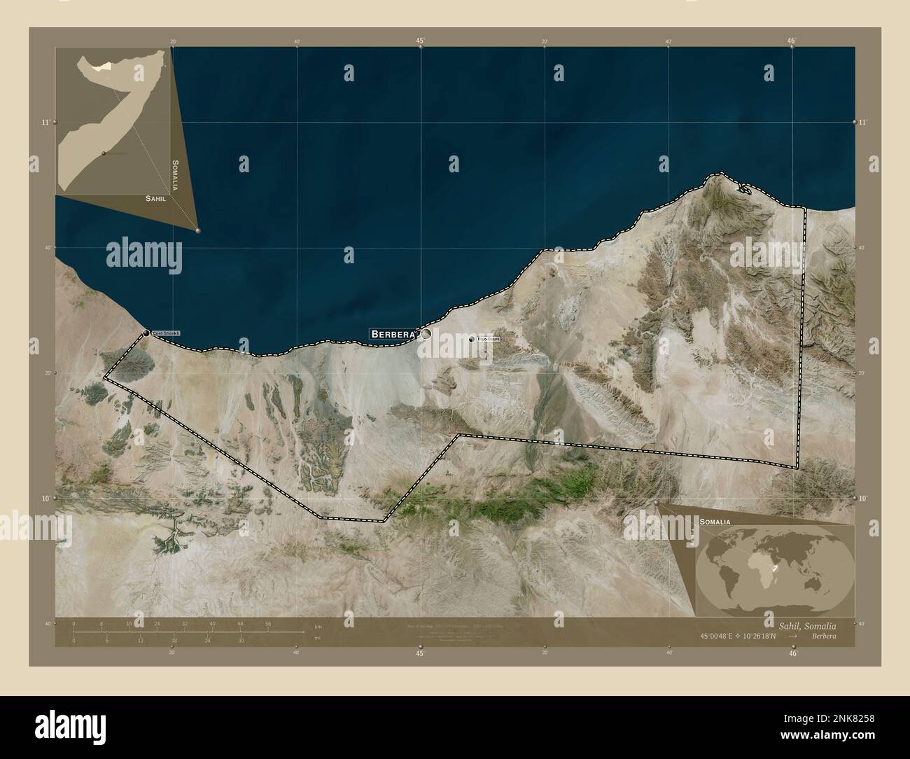 Sahil, region of Somalia. High resolution satellite map. Locations and ...