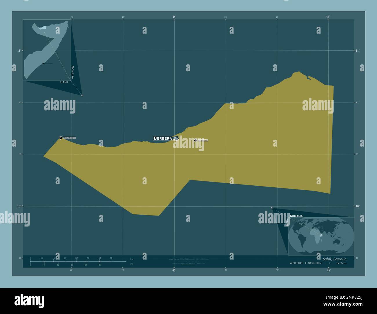 Sahil, region of Somalia. Solid color shape. Locations and names of ...