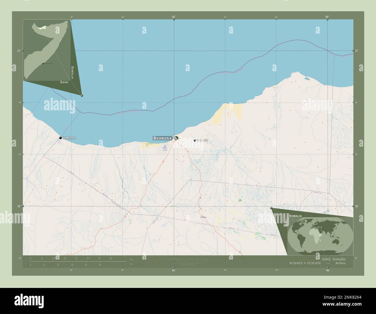 Sahil, region of Somalia. Open Street Map. Locations and names of major ...