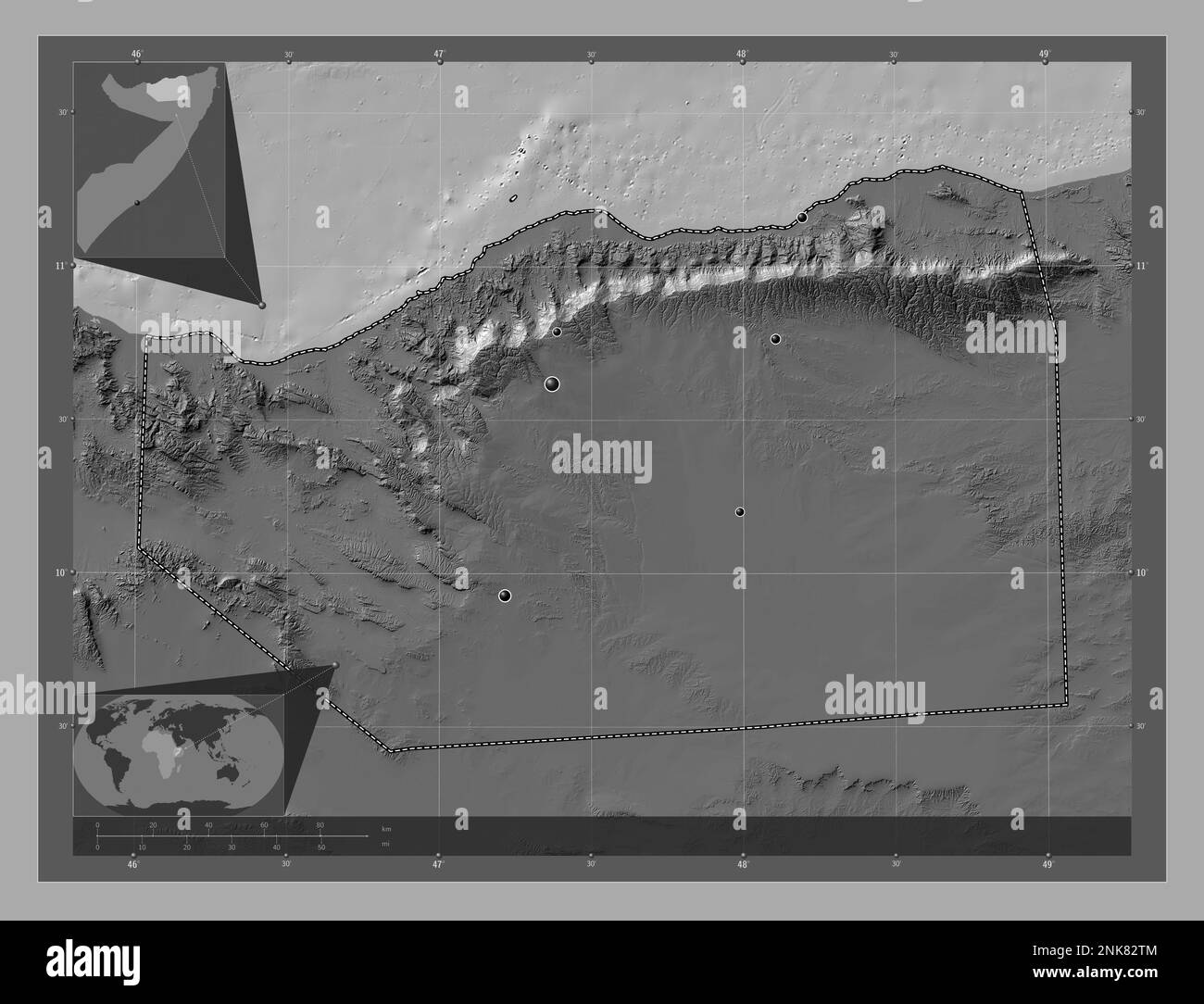 Sanaag, region of Somalia. Bilevel elevation map with lakes and rivers ...