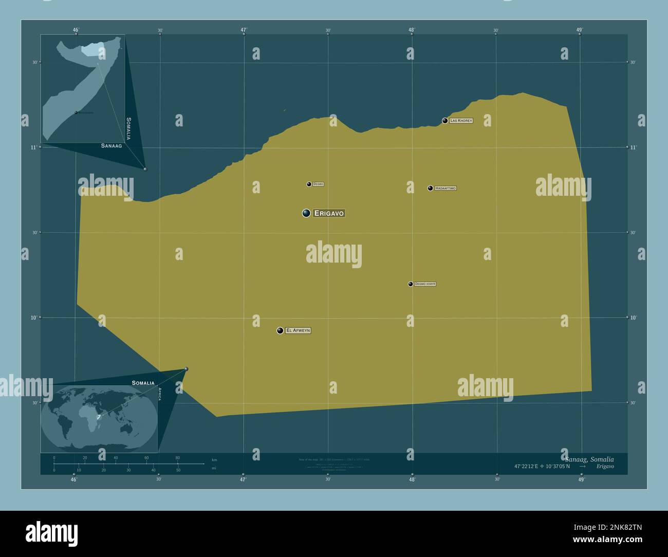 Sanaag, region of Somalia. Solid color shape. Locations and names of ...