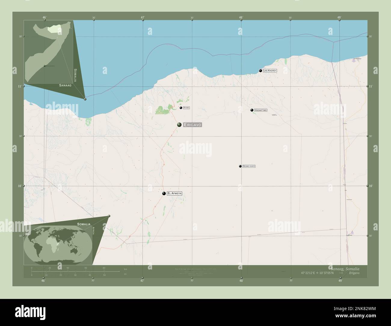 Sanaag, region of Somalia. Open Street Map. Locations and names of ...