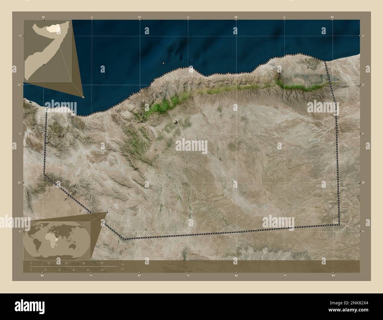 Sanaag, region of Somalia. High resolution satellite map. Corner ...