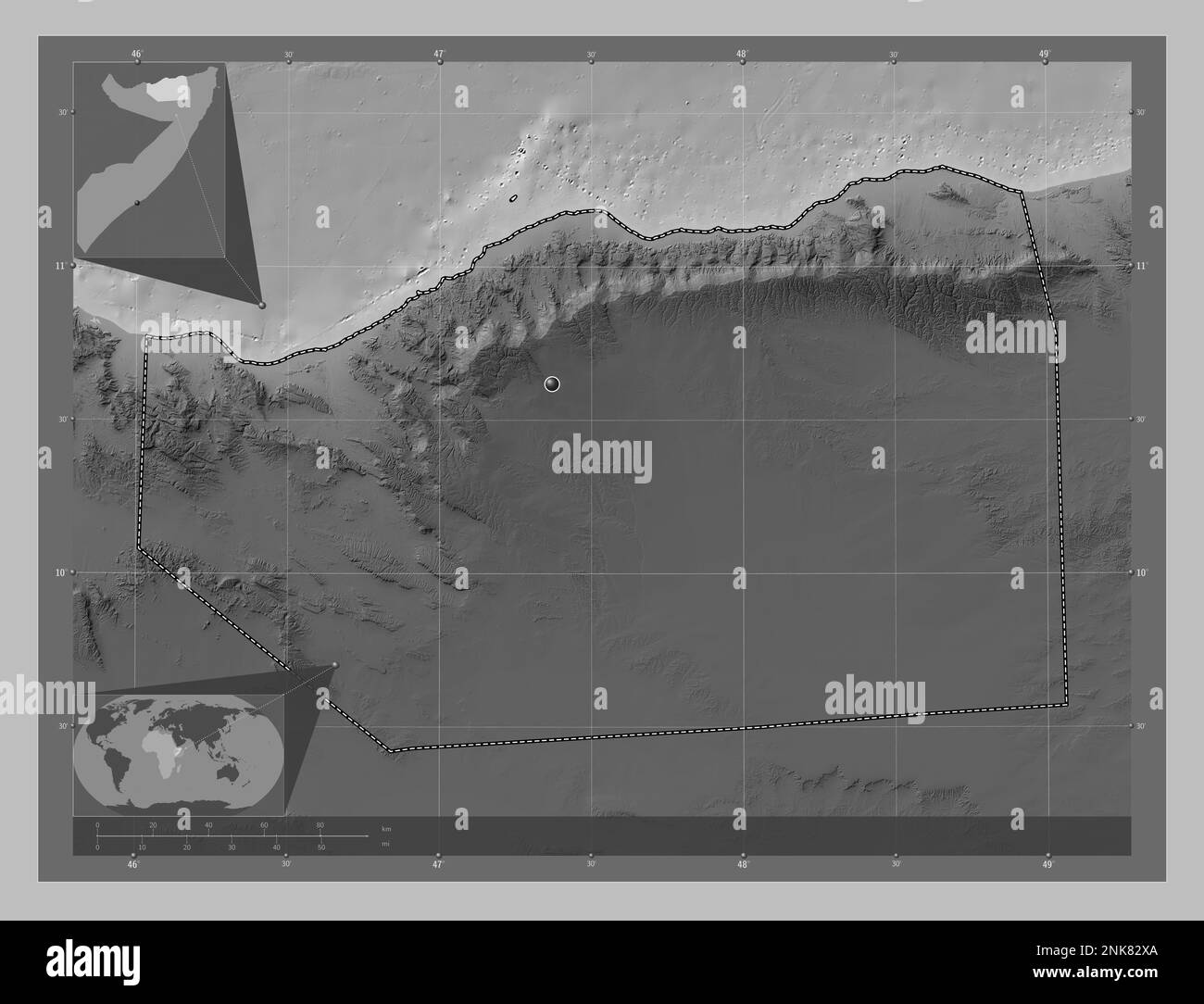 Sanaag, region of Somalia. Grayscale elevation map with lakes and ...