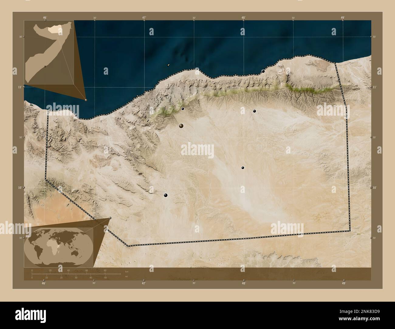 Sanaag, region of Somalia. Low resolution satellite map. Locations of ...