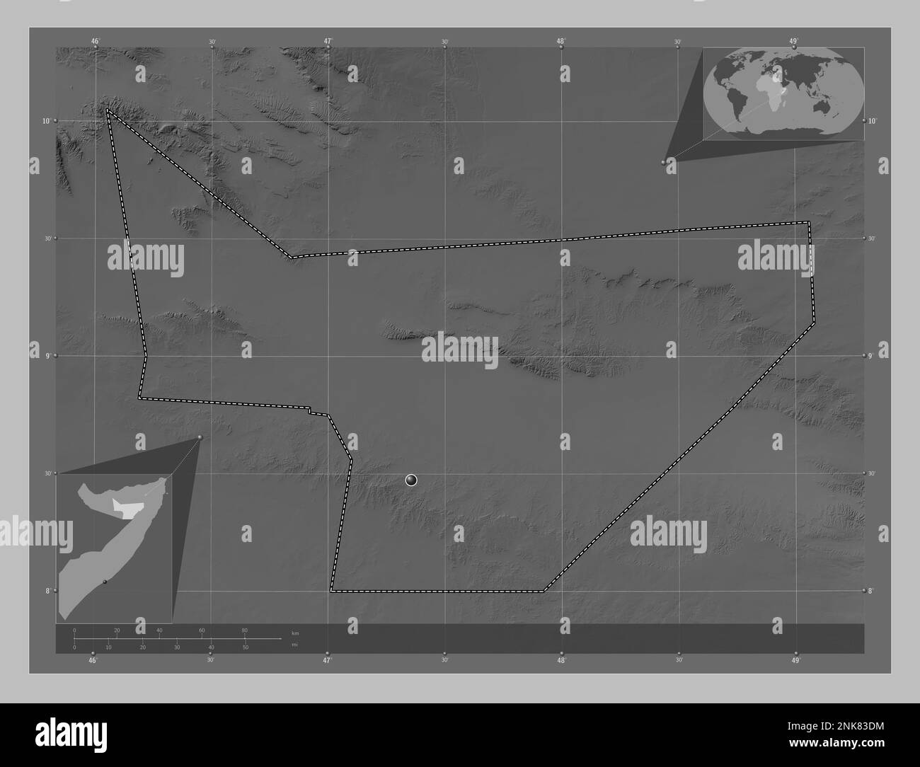 Sool, region of Somalia. Grayscale elevation map with lakes and rivers ...