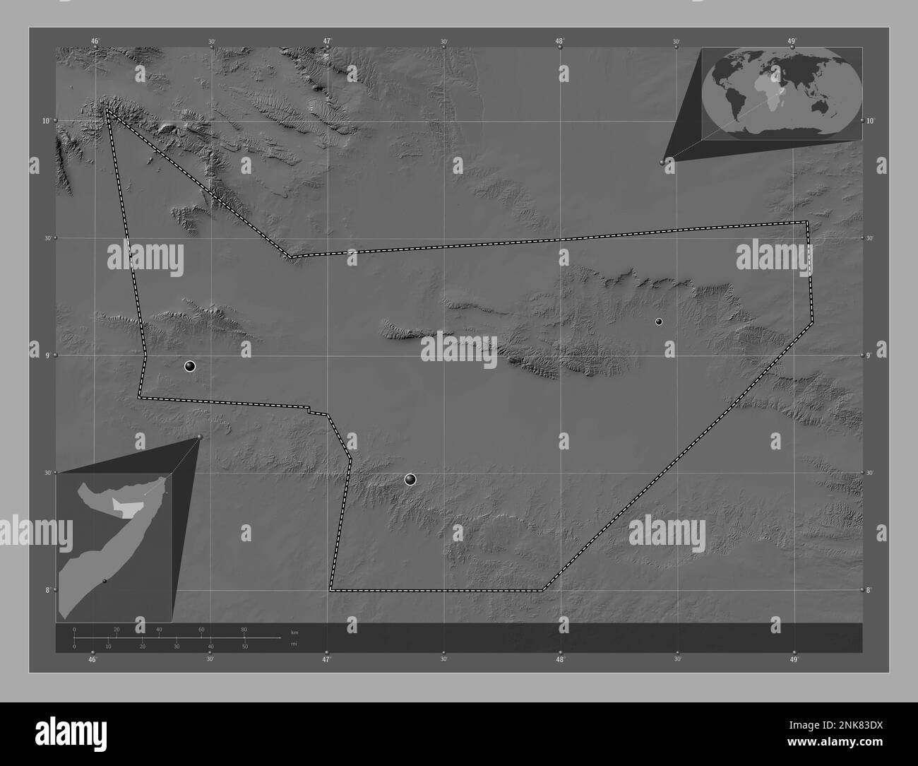 Sool, region of Somalia. Bilevel elevation map with lakes and rivers ...