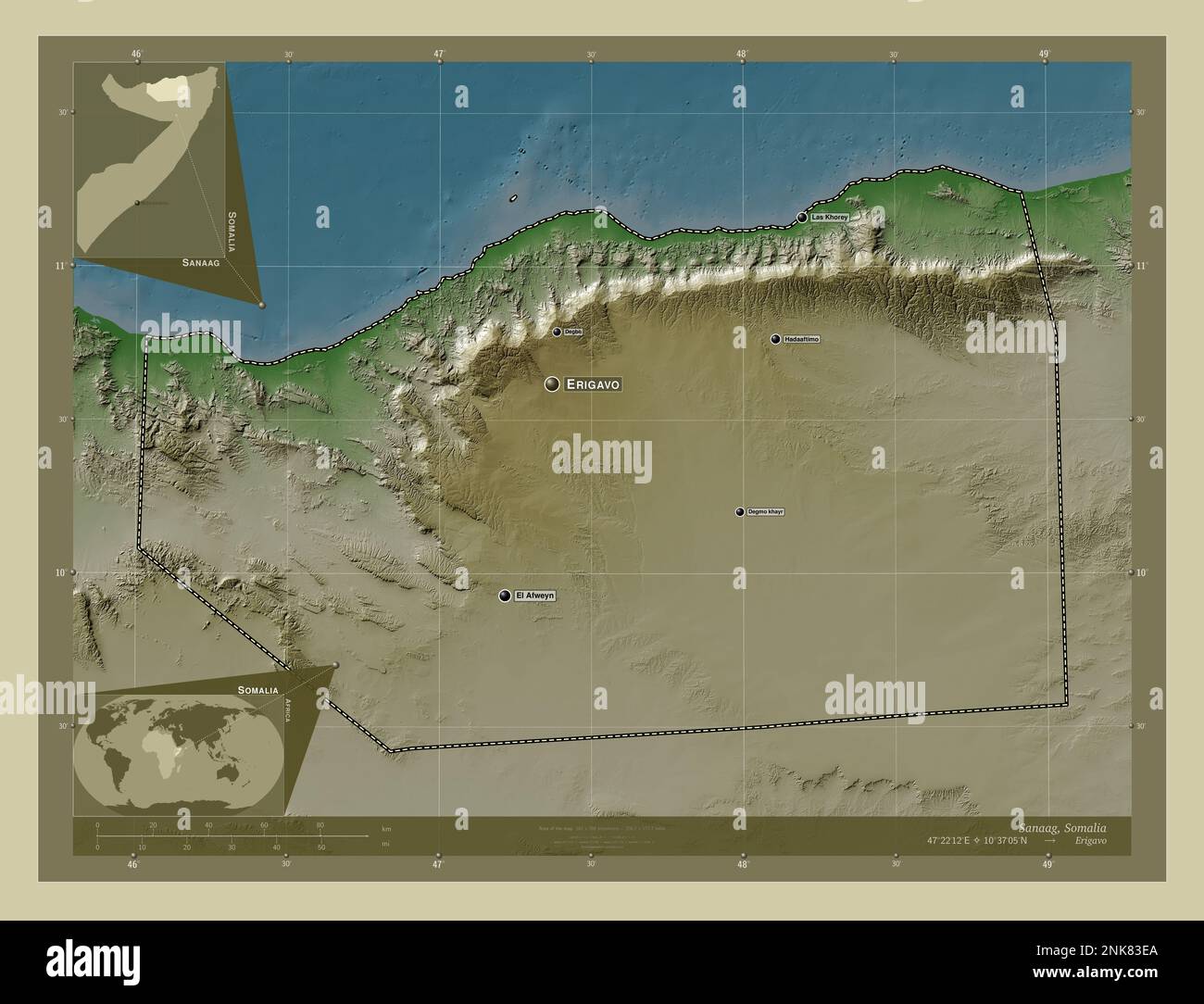 Sanaag, region of Somalia. Elevation map colored in wiki style with ...