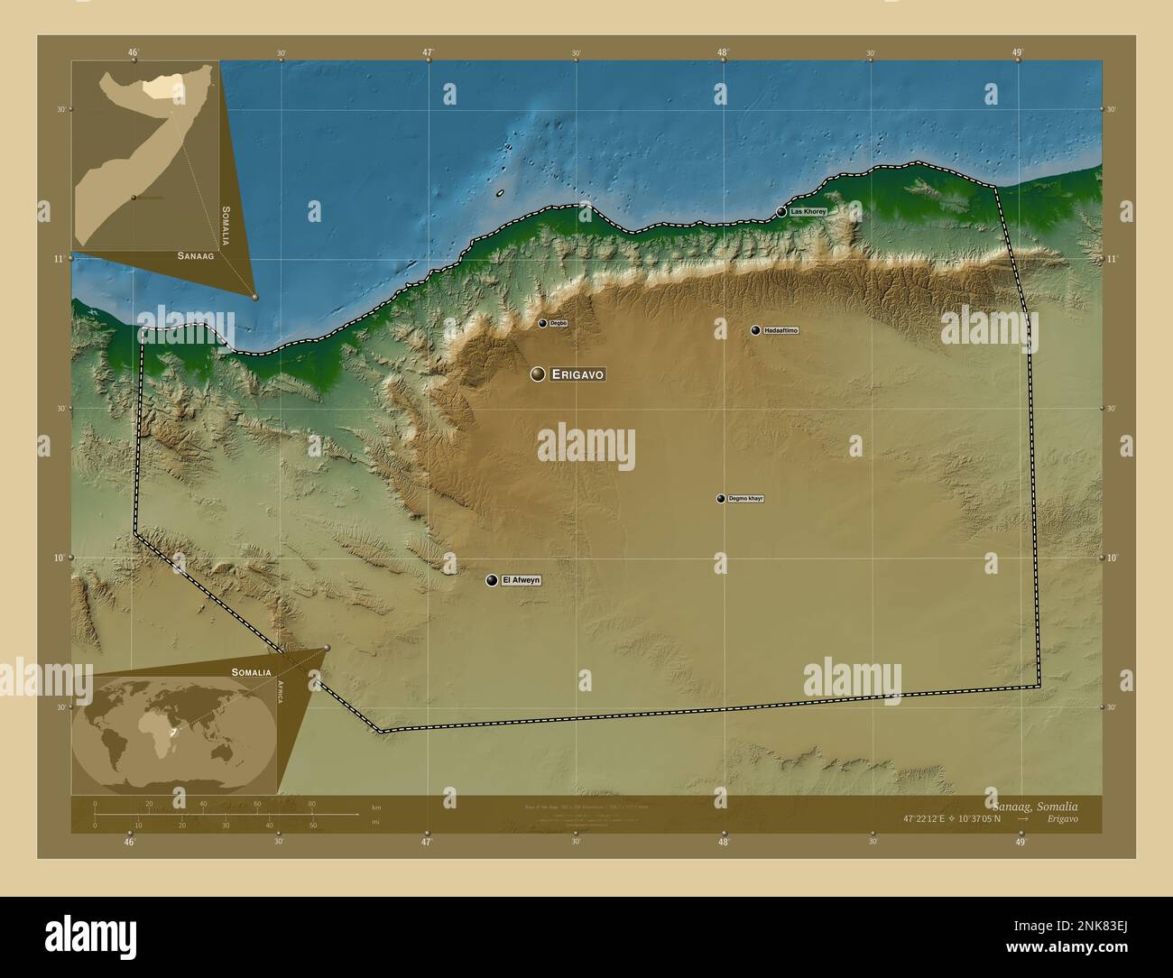 Sanaag, region of Somalia. Colored elevation map with lakes and rivers ...