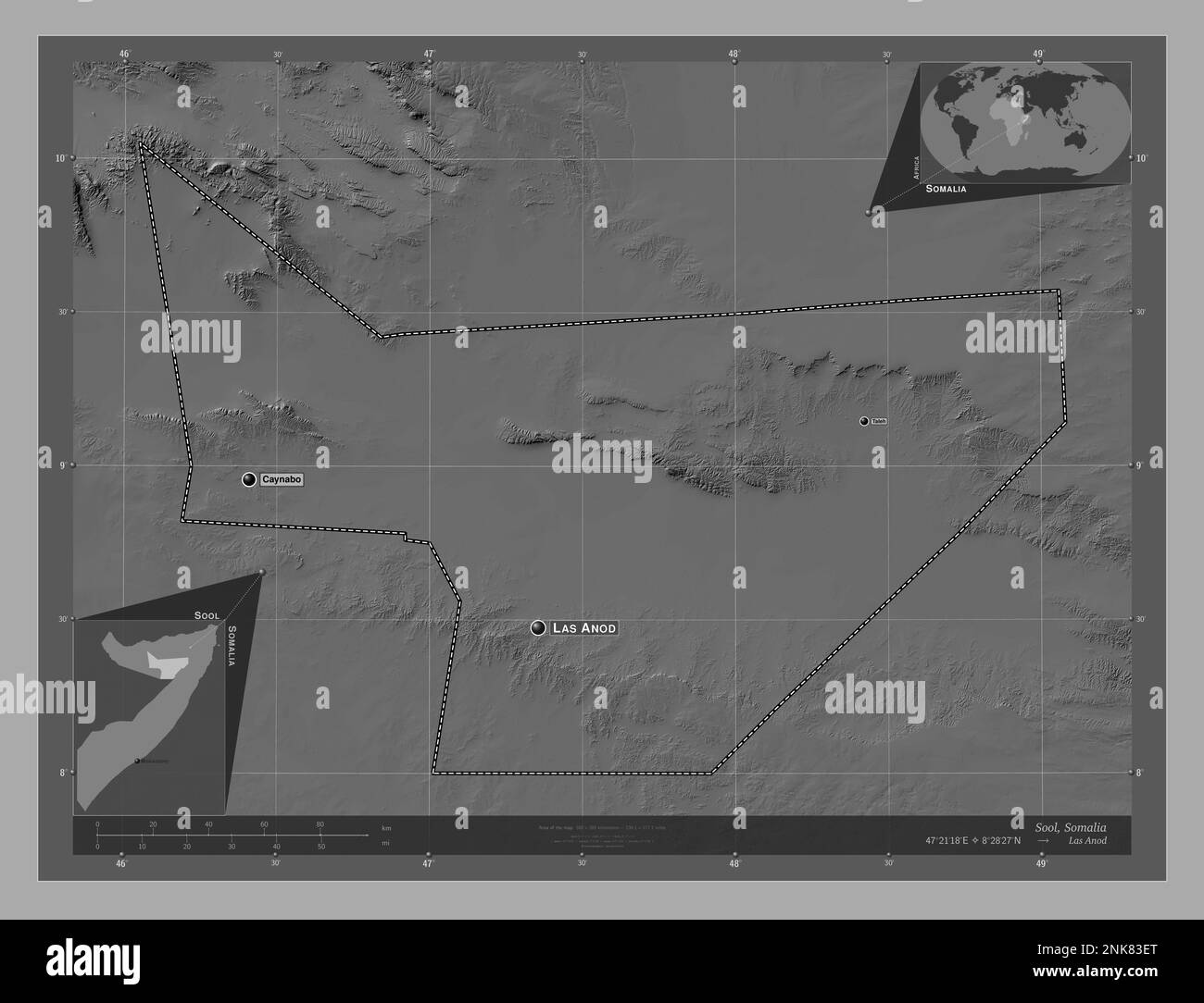 Sool, region of Somalia. Bilevel elevation map with lakes and rivers ...