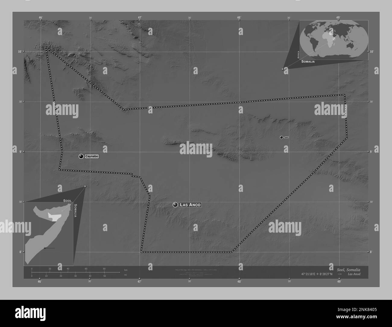 Sool, region of Somalia. Grayscale elevation map with lakes and rivers ...