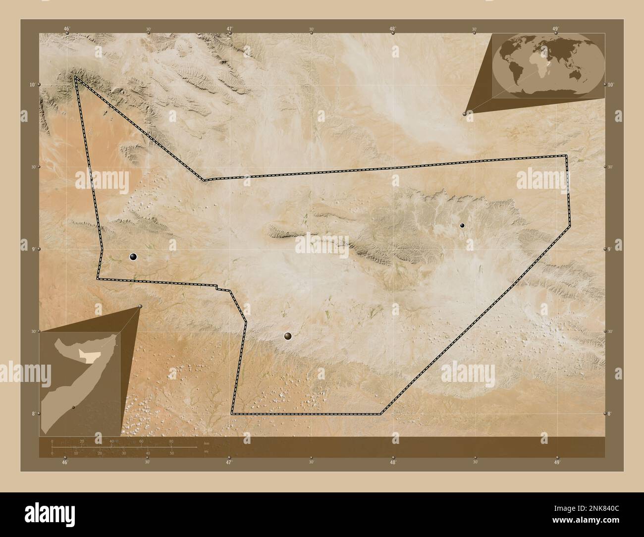 Sool, region of Somalia. Low resolution satellite map. Locations of ...