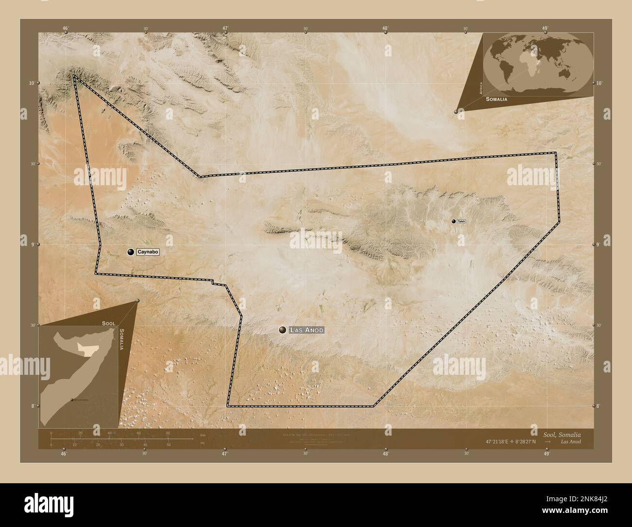 Sool, region of Somalia. Low resolution satellite map. Locations and ...