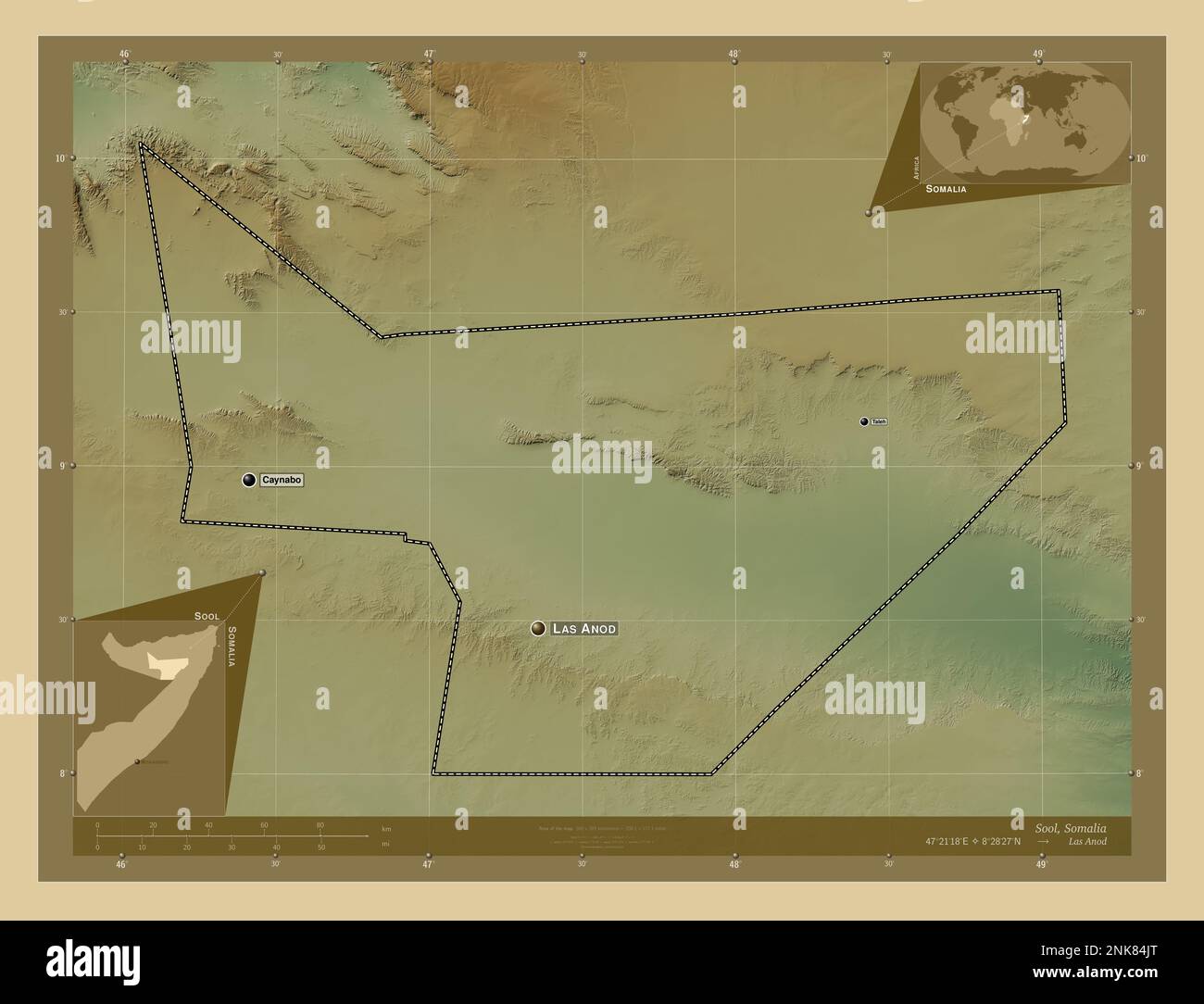 Sool, region of Somalia. Colored elevation map with lakes and rivers ...