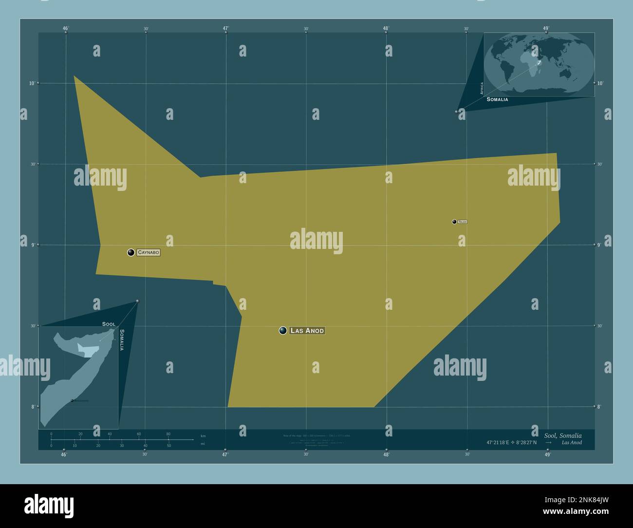 Sool, region of Somalia. Solid color shape. Locations and names of ...