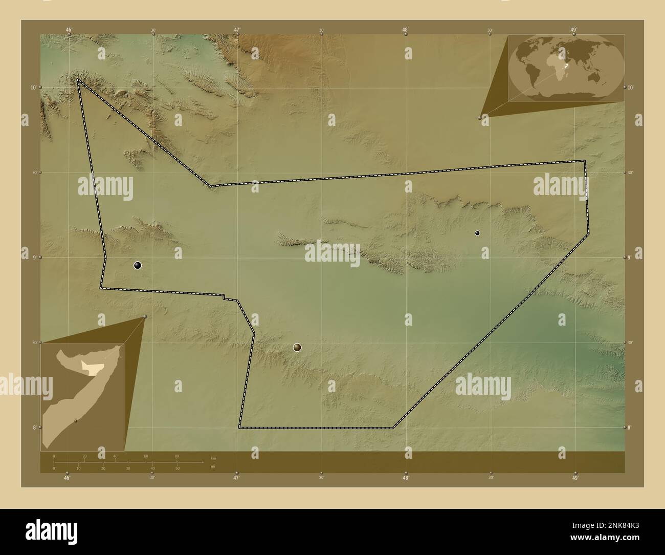 Sool, region of Somalia. Colored elevation map with lakes and rivers ...