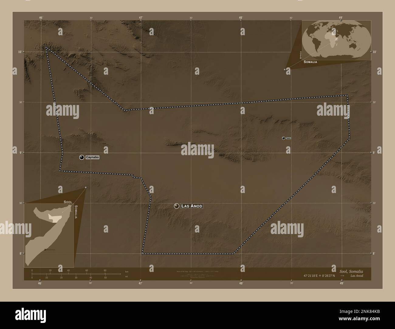 Sool, region of Somalia. Elevation map colored in sepia tones with ...