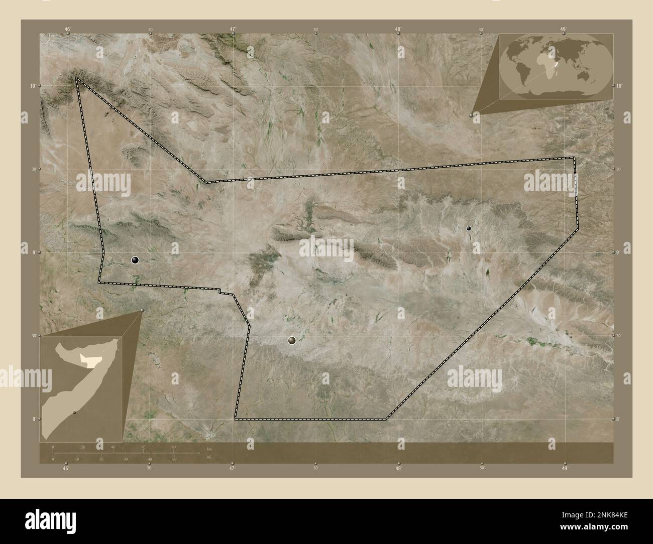 Sool, region of Somalia. High resolution satellite map. Locations of ...