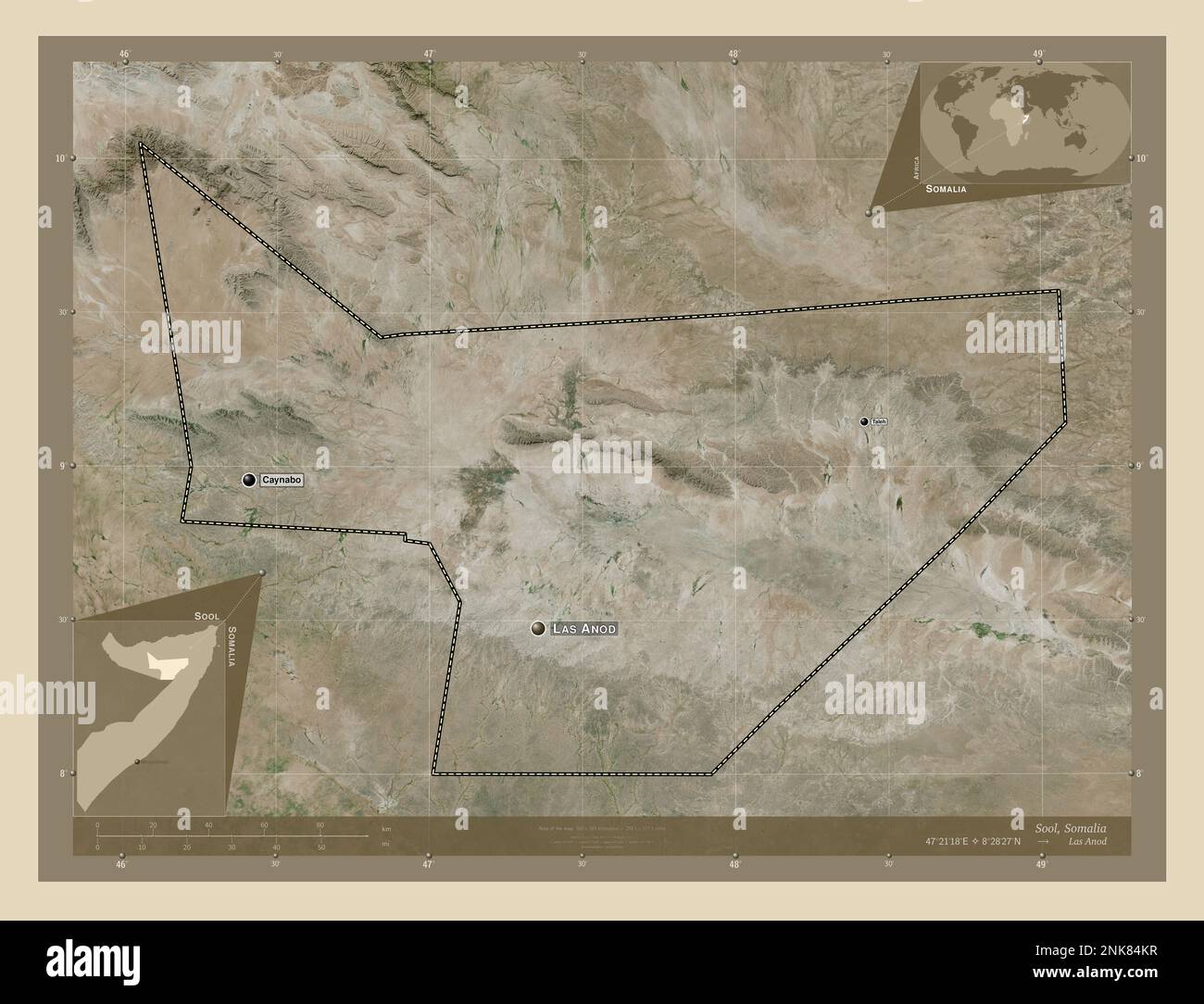 Sool, region of Somalia. High resolution satellite map. Locations and ...