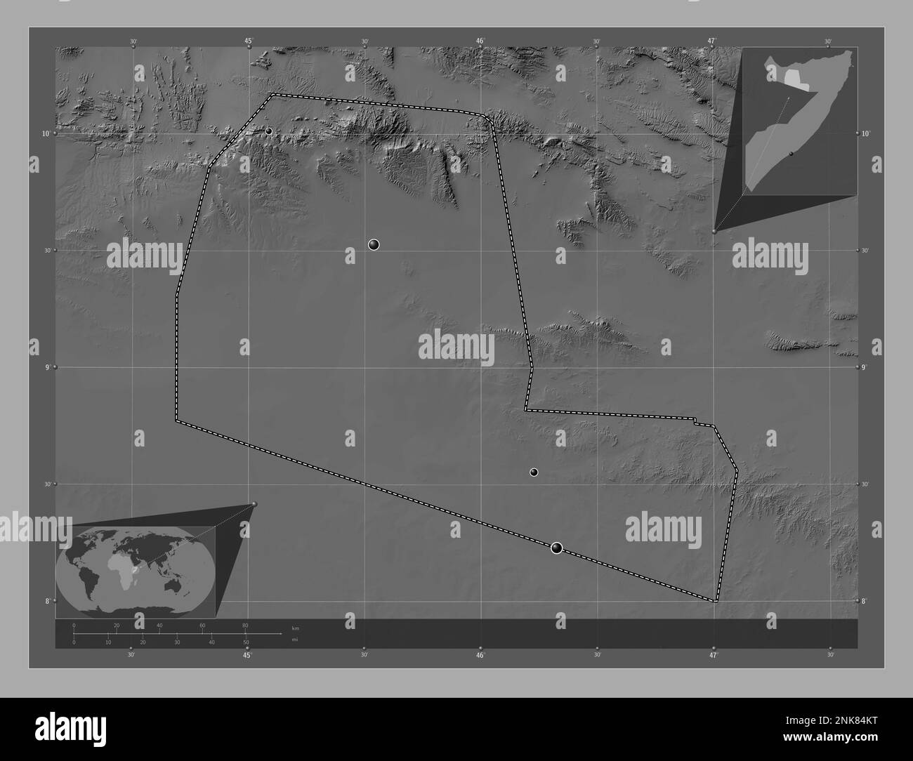 Togdheer, region of Somalia. Bilevel elevation map with lakes and ...