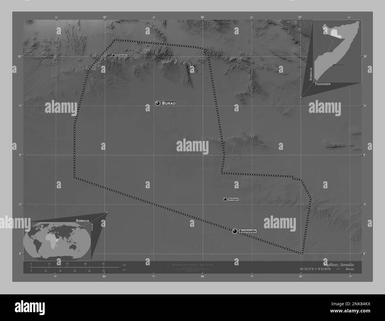 Togdheer, region of Somalia. Grayscale elevation map with lakes and ...
