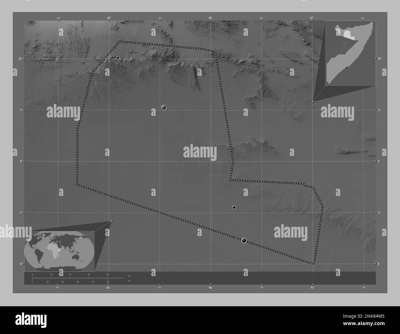 Togdheer, region of Somalia. Grayscale elevation map with lakes and ...