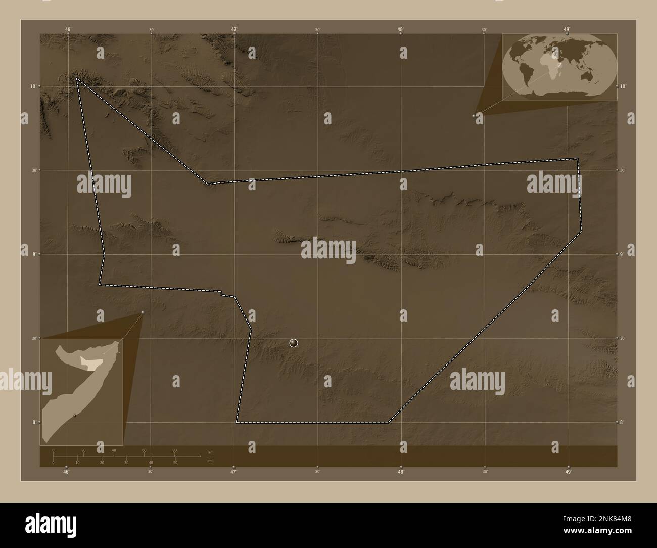 Sool, region of Somalia. Elevation map colored in sepia tones with ...