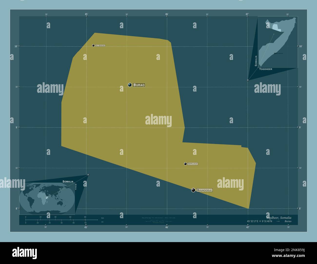 Togdheer, region of Somalia. Solid color shape. Locations and names of ...