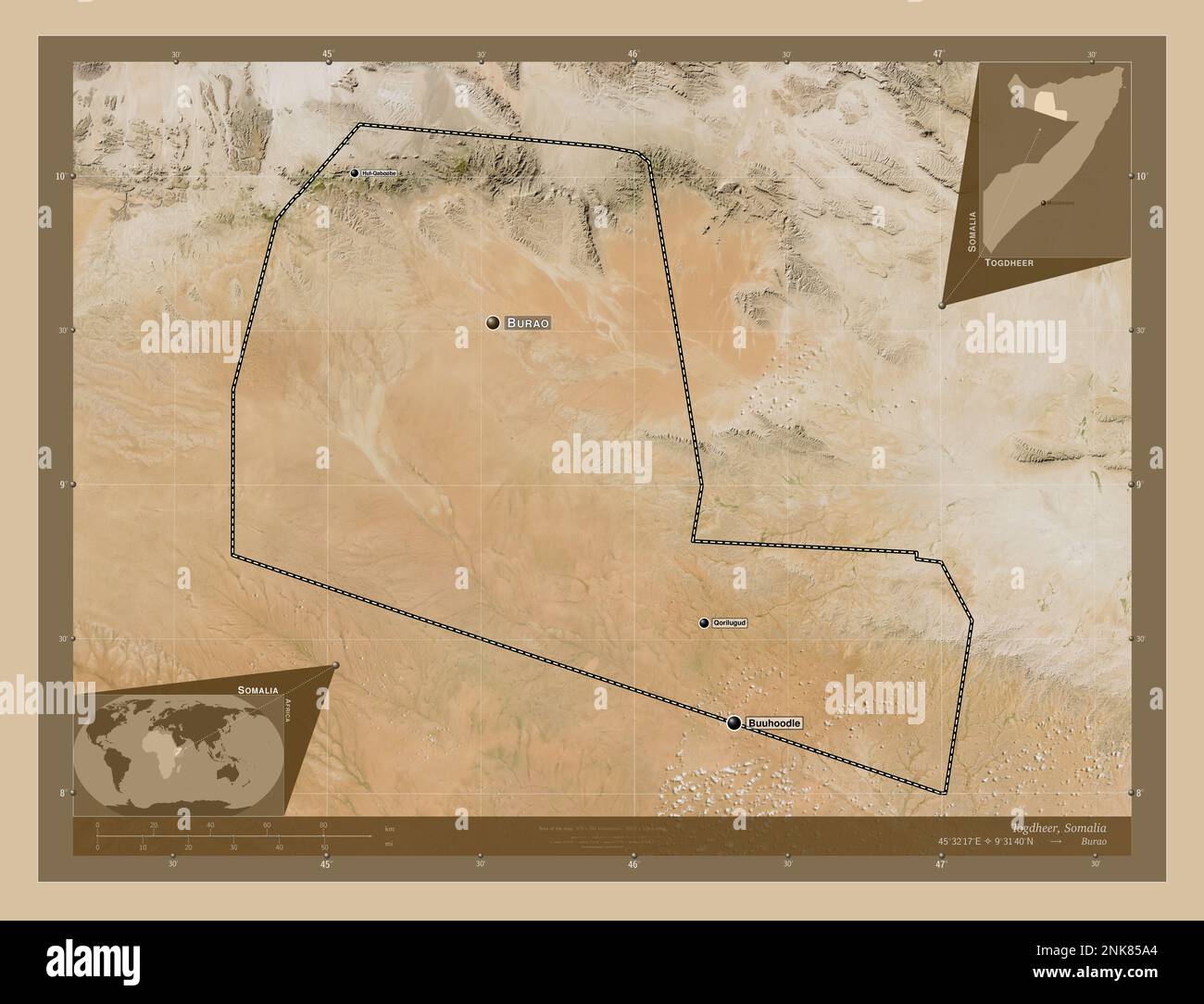 Togdheer, region of Somalia. Low resolution satellite map. Locations ...