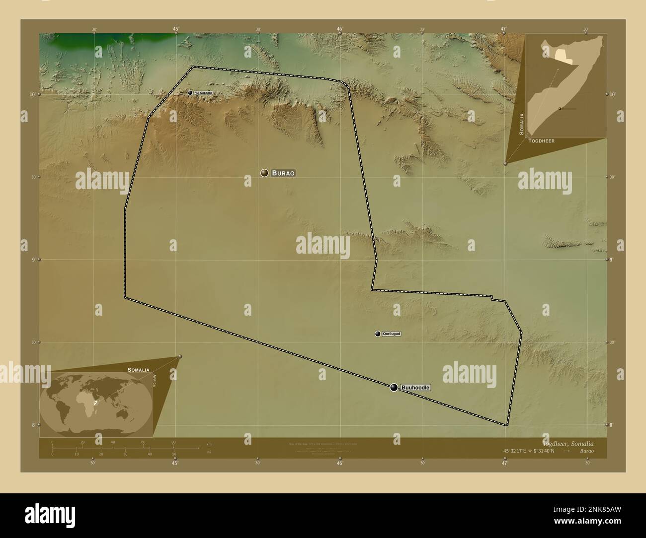 Togdheer, region of Somalia. Colored elevation map with lakes and ...