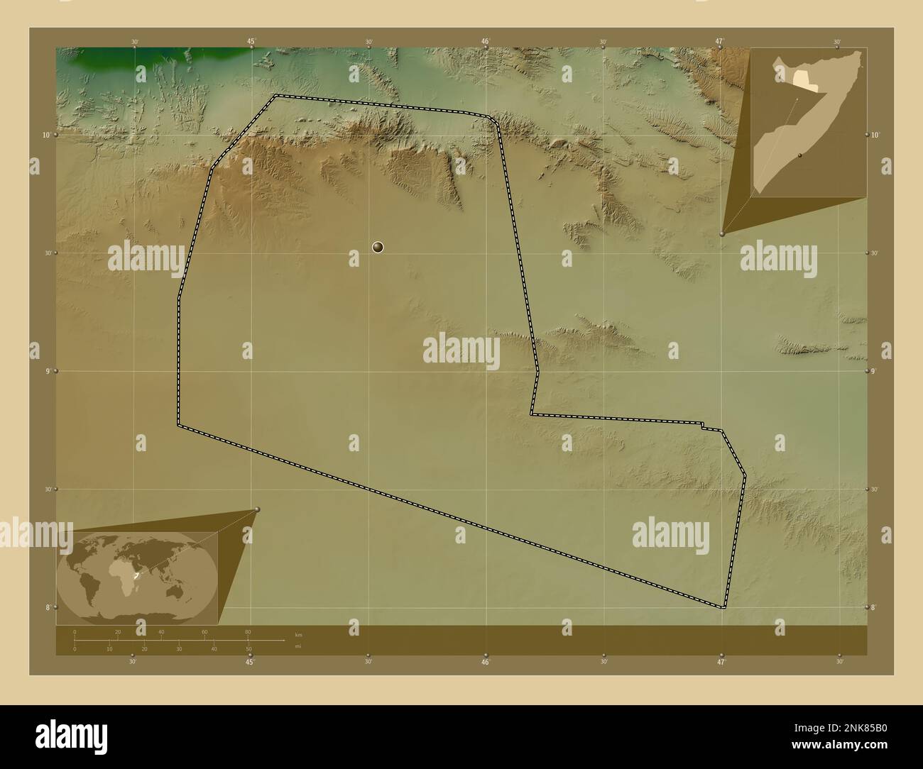 Togdheer, region of Somalia. Colored elevation map with lakes and ...
